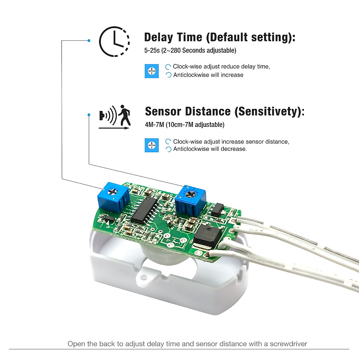 Sensky BS010W DC 12v to 30v PIR Motion Activated Sensor Switch DIY LED Lighting ( Delay Time, Sensor Distance Adjustable )