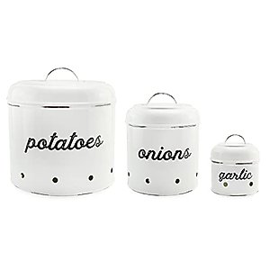 AuldHome Potatoes, Onions and Garlic Canister Set; Rustic White Enamelware Vegetable Storage Containers