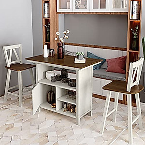 BNSPLY Kitchen Island with Storage and Seating, 3-Piece Dining Table Set for 2, Kitchen Island Table with Stools, Wooden Kitchen Table Set with Shelves for Small Places(Walnut+Distressed White)