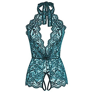 Women One Piece Lingerie Lace Baby Dolls Teddy Deep V neck Halter Bodysuit Chemise Sleepwear (Dark turquoise, XL)
