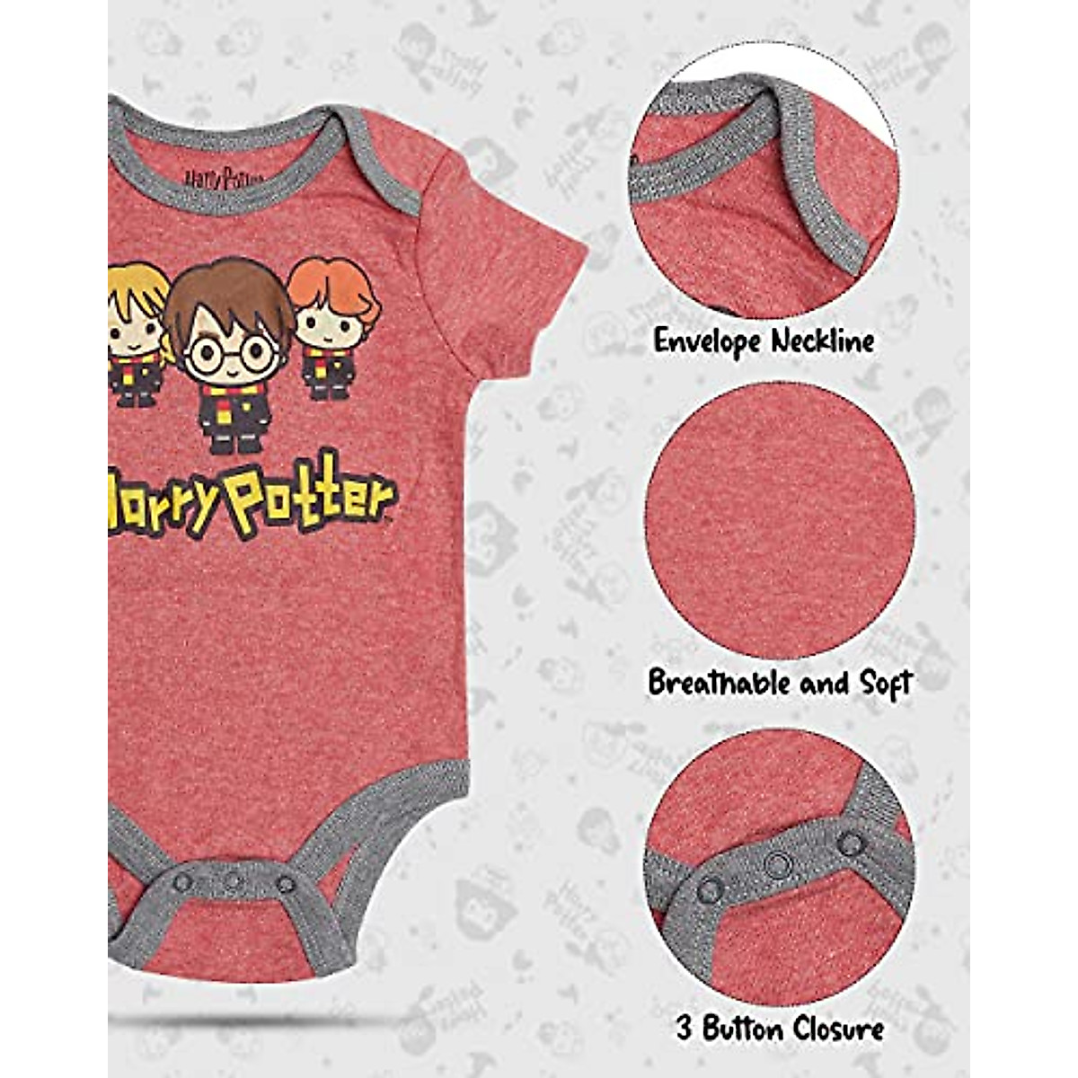 Harry Potter Baby Boys’ Short Sleeve Bodysuit Multipack Gift For Baby Girl or Boy Baby Clothes (3 Pack Red-White-Grey, 3-6 Months)