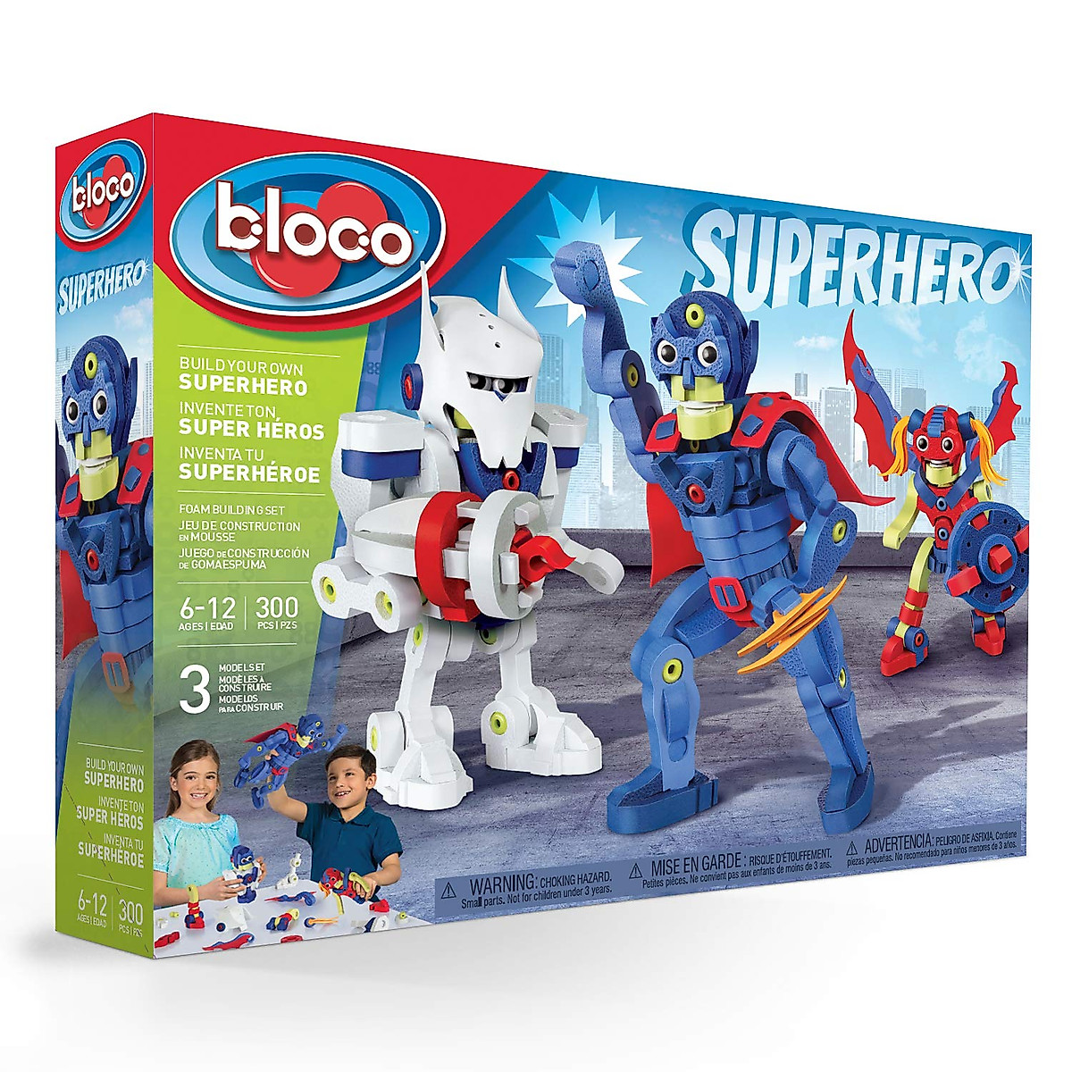 Bloco Toys Build Your Own Superhero | STEM Toy | Comics, Action Figures | DIY Building Construction Set (300 Pieces), Blue/Red/Yellow/