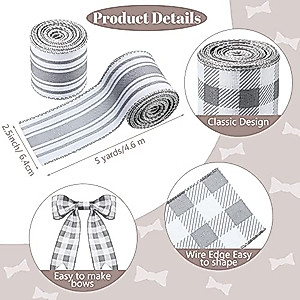 6 Rolls 30 Yards Christmas Buffalo Plaid Ribbon Wired Edge Ribbons Burlap Ribbon White Plaid Stripe Gray Ribbon for Christmas party supplies DIY Wrapping Wreath Bow Craft Decor, 2.5 Inch(Fresh)