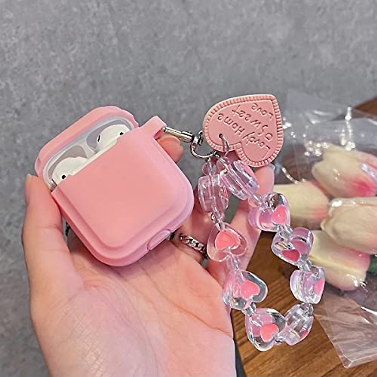 Ownest Compatible with AirPods Case Soft Silicone Protective Shockproof Skin with Love Heart Keychain Cute Case for Airpods Case 2&1-Pink