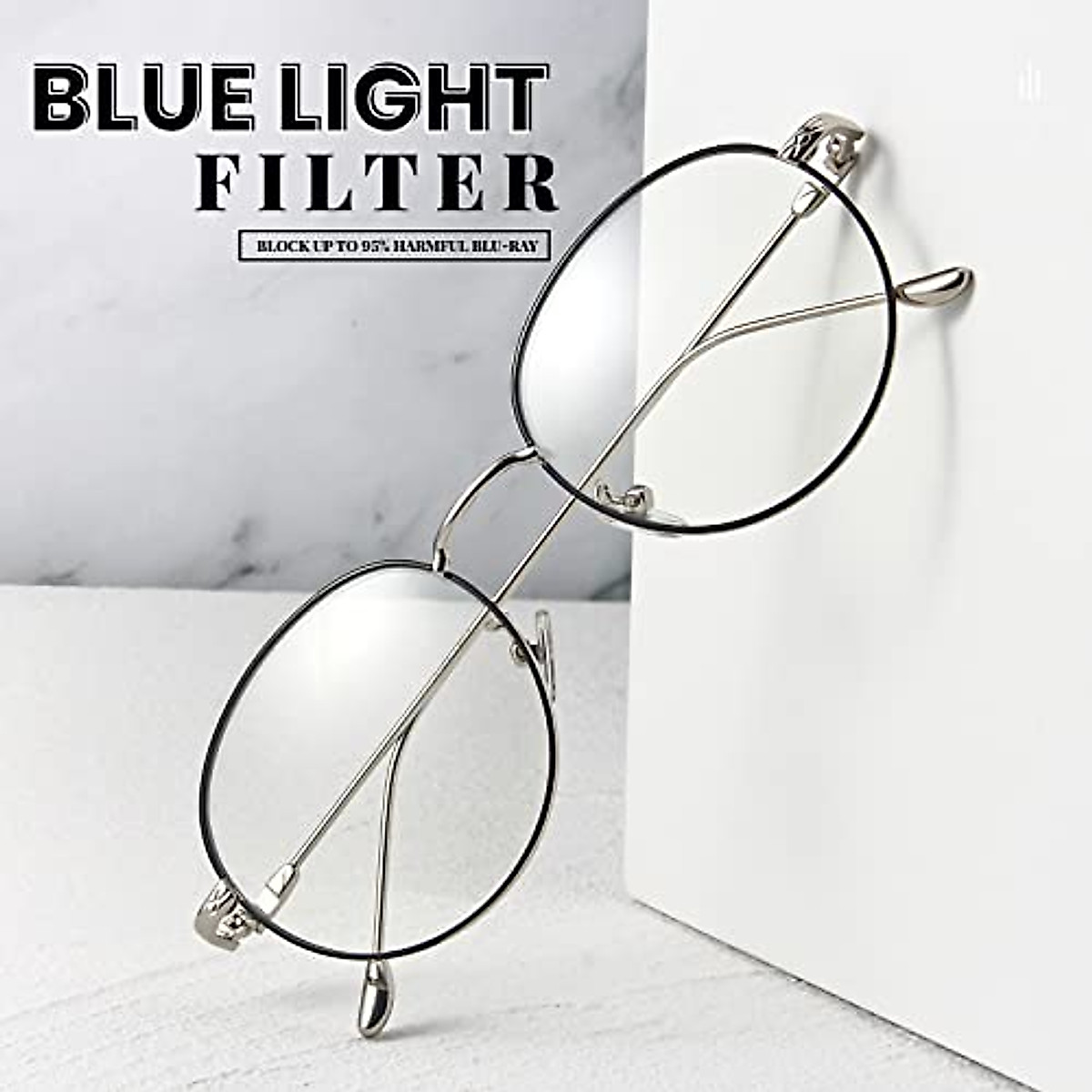 livho Blue Light Blocking Glasses, Retro Round Fake Eyeglasses Frames Anti UV Ray Filter Computer Gaming Glasses Women Men (Silver Black Frame,Transparent lens)