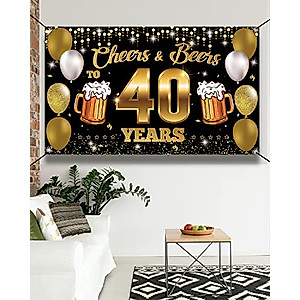 HTDZZI Cheers to 40 Years Backdrop Banner, Happy 40th Birthday Decoration for Men Women, 40th Wedding Anniversary, Black Gold 40 Year Old Birthday Party Sign Poster, Class Reunion Decor, 6.1ft x 3.6ft