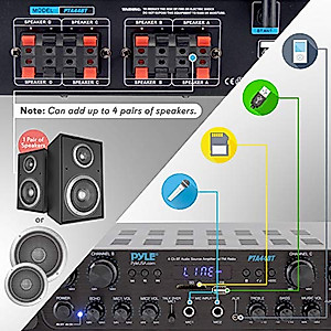 Pyle 500W Karaoke Wireless Bluetooth Amplifier - 4 Channel Stereo Audio Home Theater Speaker Sound Power Receiver with AUX IN, FM, RCA Subwoofer Speakers OUT, USB, Microphone IN with Echo - PTA44BT