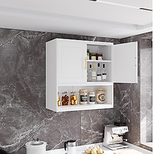 KAIFAM Wall Mounted Bathroom Storage Cabinet with Doors and Shelves, Wall Hanging Metal Cabinet with Open Storage for Kitchen, Bathroom, Over The Toilet, (White)