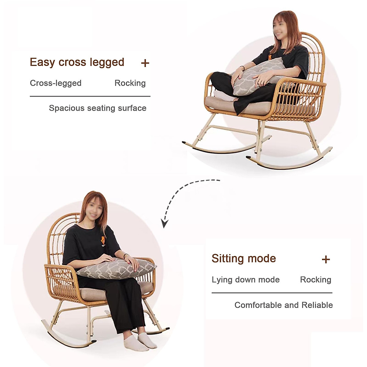 Upholstered High-Back Glider Chair,Patio Rattan Rocker Chair with Cushions & Steel Frame, All-Weather Rocking Lawn Wicker Furniture for Garden Backyard Porch(91*61.5*95cm/35.8*24.2*37.4in)