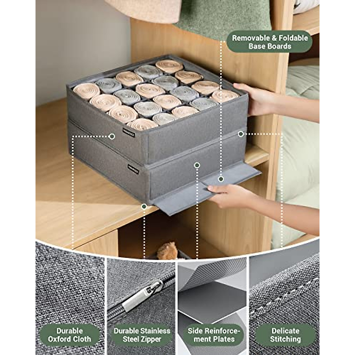 HogarTech Sock Orgainzer for Drawer, Durable Oxford Cloth, Removable Base Board, Sturdy Construction with Double Zippers, Dresser Organizer for Sock, 3 Pack, Grey