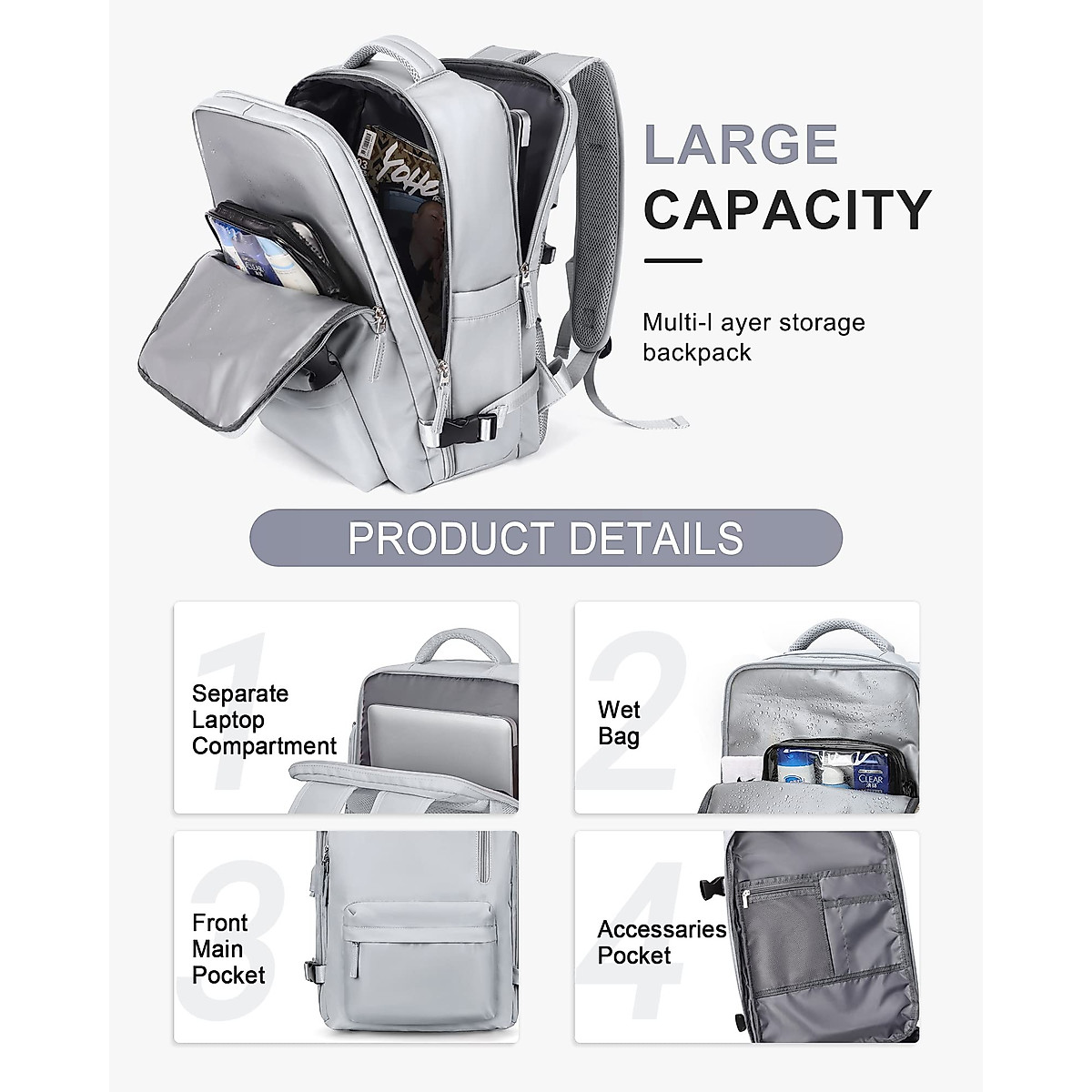 Carry On Backpack for Women, Airline Approved Personal Item Large Travel Backpack Flight Approved, Waterproof Laptop Bag Business Work Gym Backpacks Men Grey Mochila De Viaje