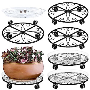 5 Pack Plant Caddy with Wheels Heavy Duty 16 Inch Large Metal Plant Stand with Wheels Plant Dolly Rolling Plant Stand Plant Roller with Casters for Indoor and Outdoor with 5 Pack Plant Saucers, Black