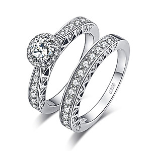 JewelryPalace 14K Gold Plated 925 Sterling Silver Cubic Zirconia Promise Rings for Her, Wedding Bands Engagement Rings for Women, Vintage Thick Anniversary 1ct Halo Simulated Diamond Ring Sets Size 4