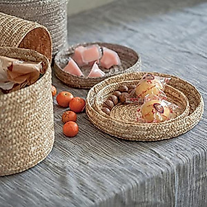 KUYYFDS 3pcs Straw Storage Baskets with Lid Woven Organizer Round Finishing Storage Box for Bedroom Living Room Laundry Snack(S M L) Shelf Baskets