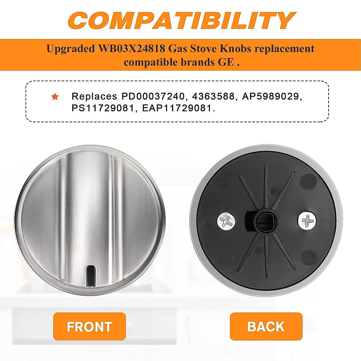 WB03X24818 Gas Stove Knobs Replacement 5Pack 100% Stainless Steel Gas Range Oven Stove Knob-24Pack WB02X24790 Grate Rubber Feet-Fit for GE Gas Stove Top Range Grate Foot Rubber Pads