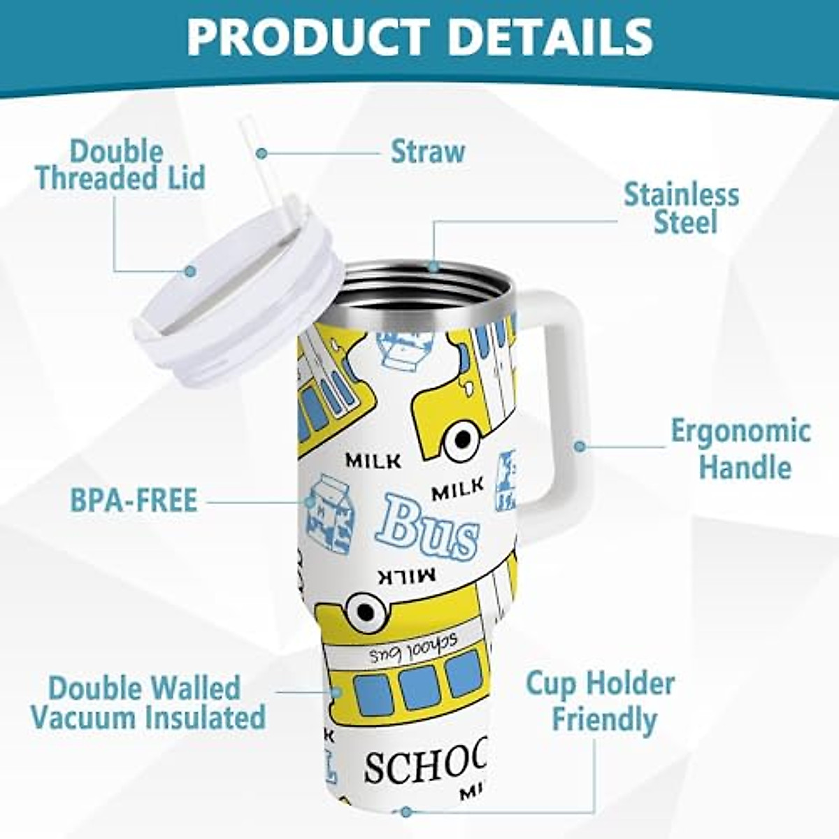ARGTILDN 30 oz Tumbler School Bus Car Cartoon Insulated Travel Mug with Handle and Straw Lid Stainless Steel Vacuum Coffee Cup Tea Beverage Container Water Bottles for Car Sports office