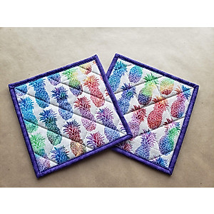 Rainbow Pineapple Potholders Set of 2 Handmade Hospitality Hostess Gifts Under 20 Summer Kitchen Linens Insulated Hot Pads Pair Quilted Trivets Charleston SC Themed Kitchen Decor