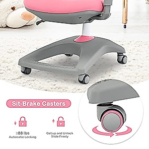 Costzon Kids Chair, Adjustable Height Student Chair w/Sit-Brake Casters, Seat Depth Adjustable, Footrest & Flip-up Armrest, Home School Ergonomic Computer Chair, Kids Desk Chair (Pink)