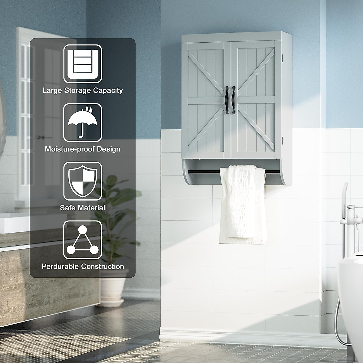 SRIWATANA Bathroom Storage Wall Cabinet Over The Toilet with Adjustable Shelf, Space Saver 2-Door Medicine Cabinet with Metal Bar, Gray