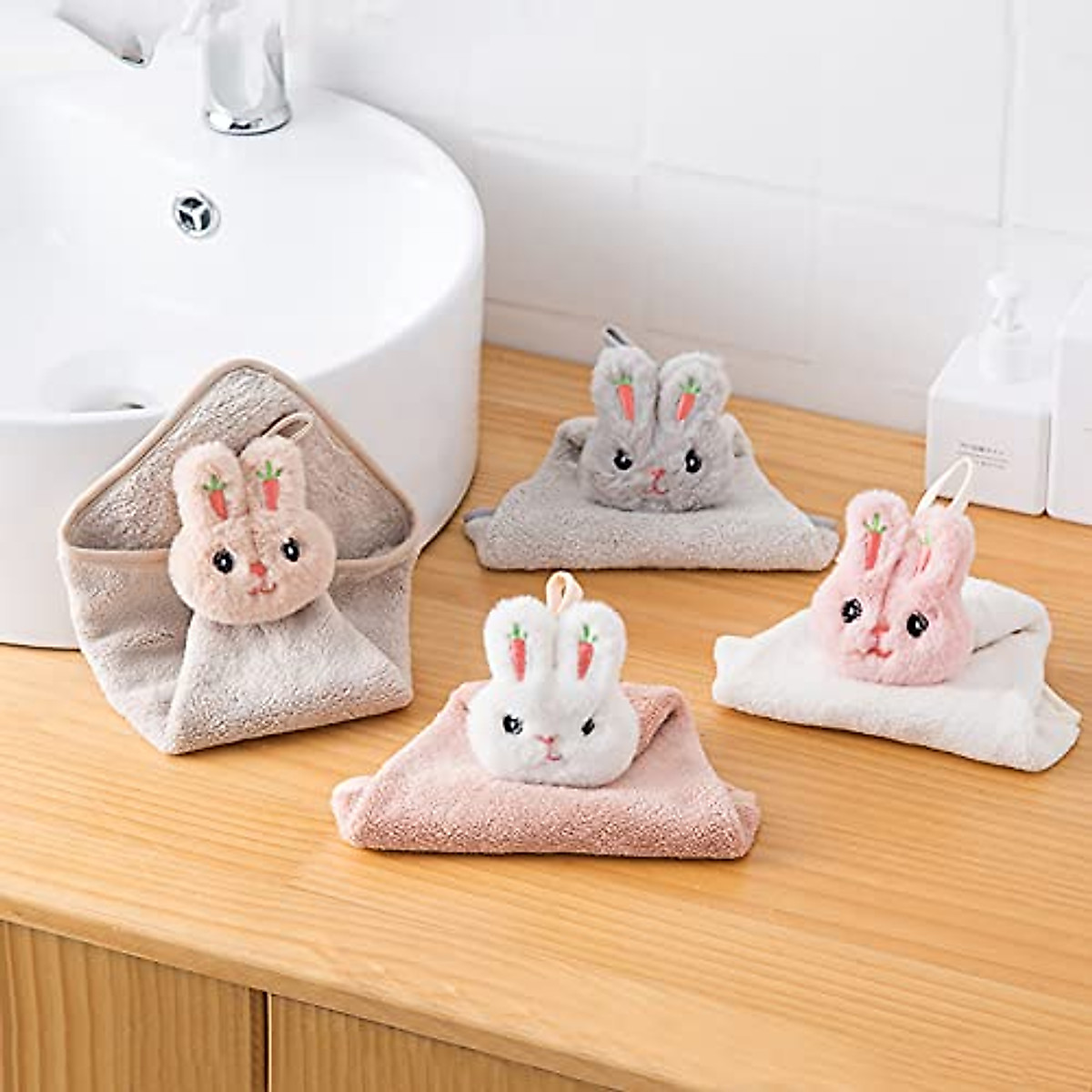 VSER 4 Pack Hanging Hand Towels for Bathroom&Kitchen,Ultra Thick Hand Towel with Hanging Loop,Cute Child/Kids Microfiber Rabbit Hand Towels.Soft,Absorbent,Fast Drying,Reusable,Stylish&Attractive