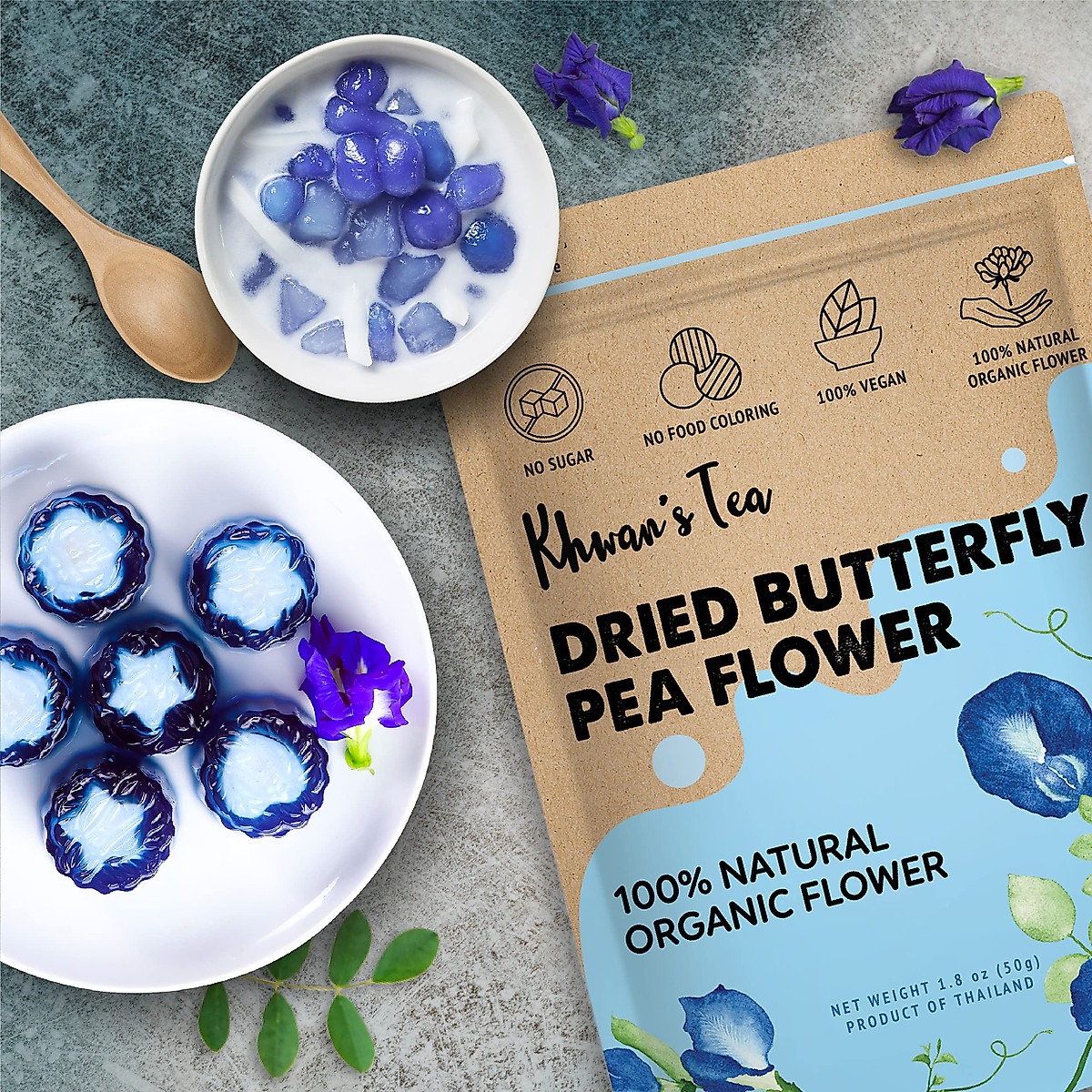 KHWAN'S TEA Pure Dried Butterfly Pea Flowers Blue Tea and Premium Dried Rose Petals