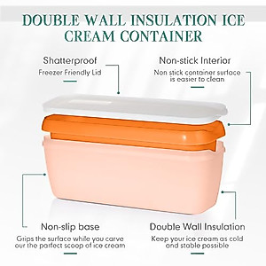 2 Pcs Reusable Ice Cream Containers with Lids and a Scoop 1.5 Quarts Plastic Rectangle Dessert Storage Tubs Homemade Ice Cream Storage Containers for Freezer Kitchen Refrigerator (Orange,Green)