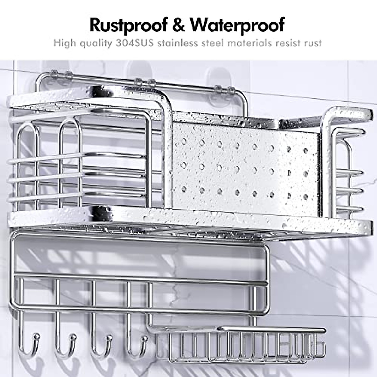 LIVOD Adhesive Shower Caddy with Soap Holder, Stainless Steel Shower Organizer with Hook, Wall Mount Rustproof Shower Shelf for Inside Shower, Polished SS