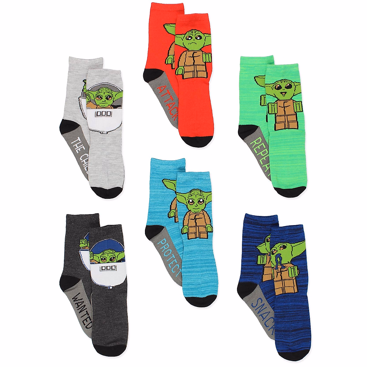 LEGO Star Wars Baby Yoda Kids Toddler 6 pack Crew Socks Set (Medium (6-8), Multi)