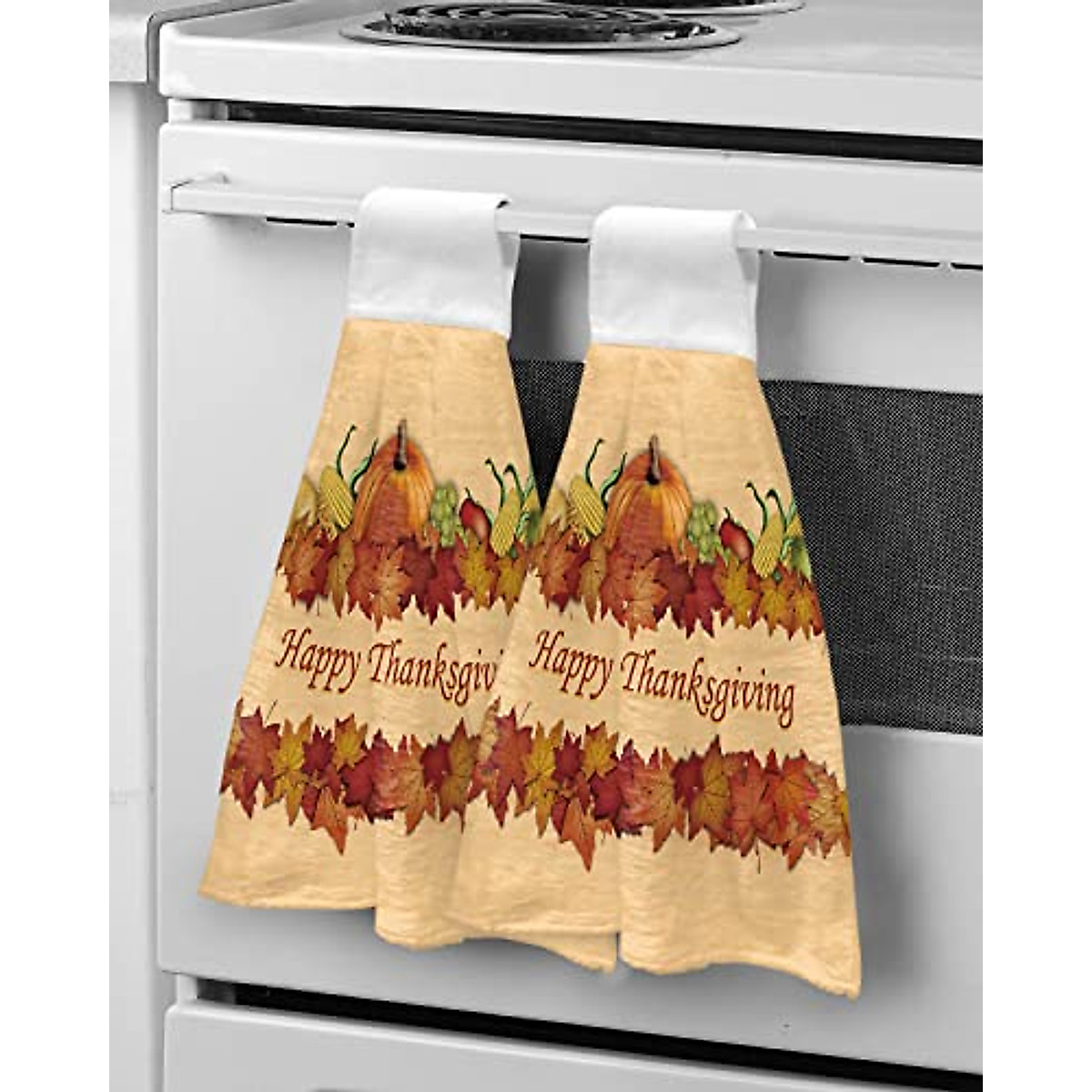 Happy Thanksgiving Orange Kitchen Hanging Towel Hand Towels with Loop, 1 Pack Soft Absorbent Tie Towel for Bathroom Farm Crops Pumpkin and Maple Leaves Tea Bar Dish Cloths Home Cleaning Terry