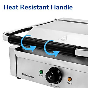 Chef's Supreme Commercial Panini Grill, 14" x 9" Non Stick Grooved Plates, 120V 2200W, 120F - 570F Heat Control, Perfect for Sandwiches, Burgers, Steaks and More