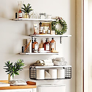 Fixwal 4+1 Tier Floating Shelves, Rustic Wood Wall Mounted Shelf, Bathroom Shelves Over Toilet with Wire Storage Basket, Farmhouse Wall Decor for Bedroom, Kitchen, Living Room and Plants (White)