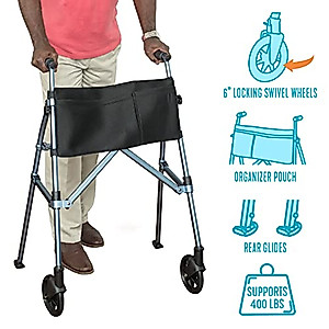 Stander EZ Fold-N-Go Walker, Lightweight Folding Rolling Walker for Adults, Seniors, and Elderly, Collapsable Travel Walker with Wheels, Ski Glides, and Pouch, Compact Standard Walker, Black Walnut