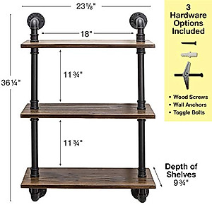EXCELLO GLOBAL PRODUCTS 3-Tier Rustic Wooden Wall Floating Shelf Display 24"x36" with Iron Pipe for Kitchen, Bedroom, Office