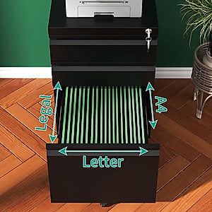 VIYET 3 Drawers Mobile File Cabinet, Rolling File Cabinet Fully Assembled Under Desk, Metal Filing Cabinet with Lock for Home Office Organizer Letters/Legal/A4 (Black)