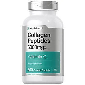 Horbäach Collagen Peptides 6000mg | 300 Caplet Pills | with Vitamin C | Hydrolyzed Collagen Supplement | Non-GMO, Gluten Free