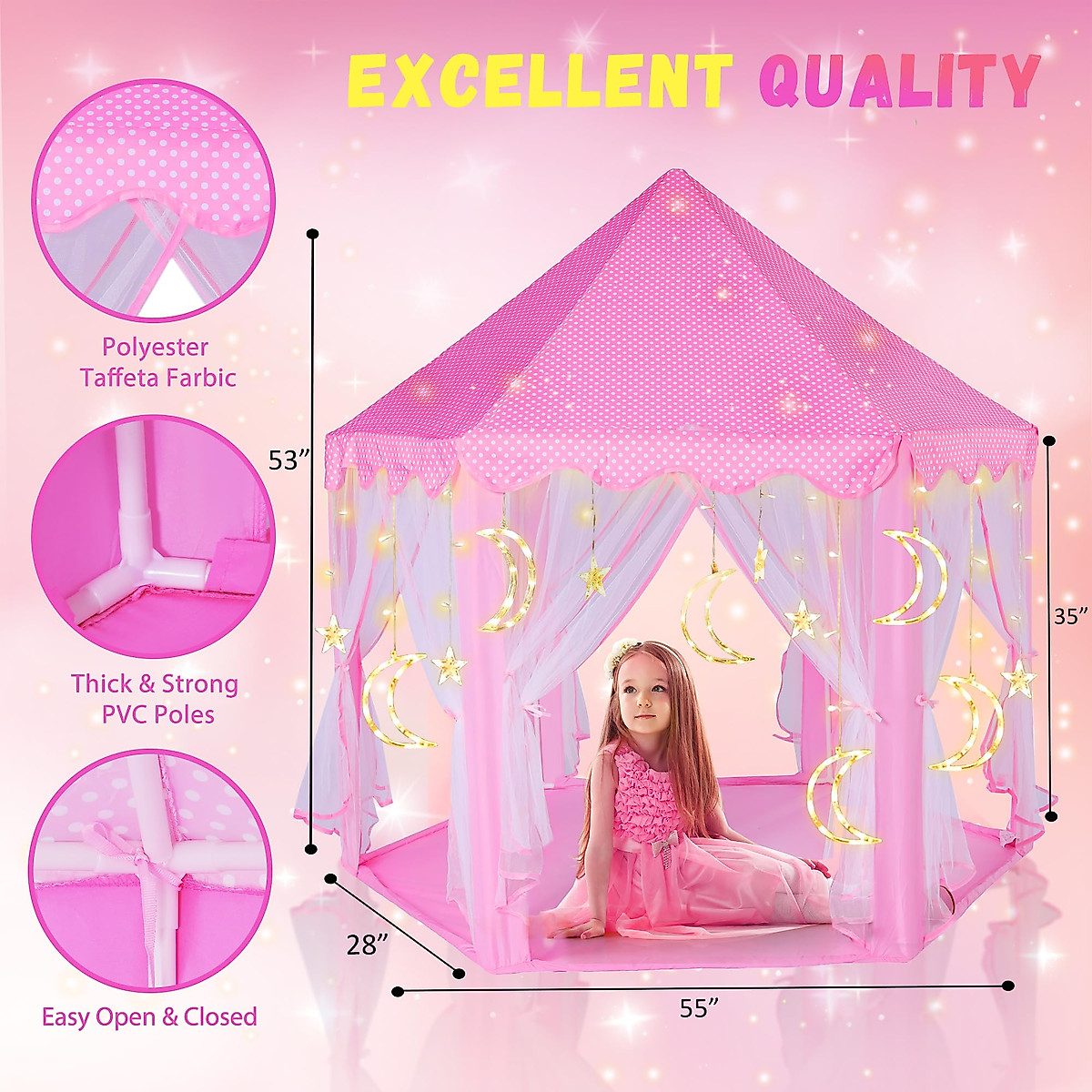 LOJETON Princess Castle Play Tent with Big Moon Star String Lights for Girls, Large Hexagon Playhouse, Kids Dream Tent Toy for Children Indoor Outdoor Games, 55" x 53" (Pink)
