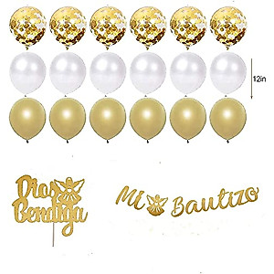 SHL Gold Glitter Mi Bautizo Party Decorations set with Glitter God Bless Cake Topper Triangle Flag Mi Bautizo Banner Balloons for Baby Baptism First Communion Baby Shower Party Decorations