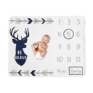 Sweet Jojo Designs Woodland Deer Boy Milestone Blanket Monthly Newborn First Year Growth Mat Baby Shower Memory Keepsake Gift Picture - Navy Blue, Mint and Grey Woodsy Forest Arrow Be Brave