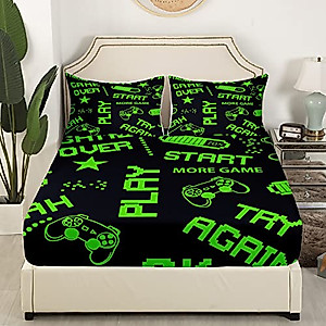 Erosebridal Games Fitted Sheet Twin Size Kids Boys Gamepad Gamer Bedding Set Gaming Sheet Set Gifts for Christmas Bed Cover Gamer Room Decor with 1 Pillow Case Green Black No Flat Top Sheet