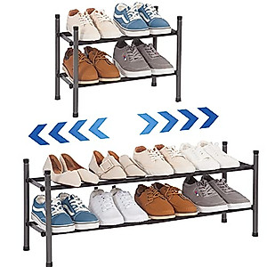 STORAGE MANIAC Expandable Shoe Rack, Stackable Shoe Rack for Closet, Small Shoe Rack Organizer for Entryway, Adjustable Shoe Rack for Garage, Shoe Rack for Front Door, Metal Shoe Rack, Black 2 Tier