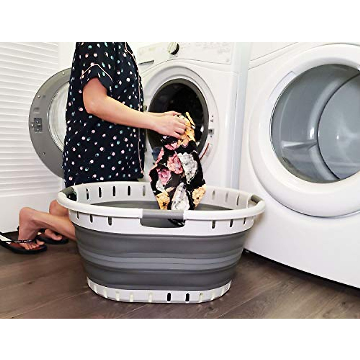 SAMMART 57L (15 Gallons) Collapsible 3-Handled Plastic Laundry Basket - Oval Tub - Portable Washing Tub-Space Saving Laundry Hamper (1 pc - Oval, Dark Grey)