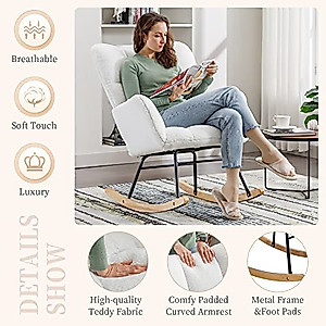 NIOIIKIT Nursery Rocking Chair Teddy Upholstered Glider Rocker Rocking Accent Chair Padded Seat with High Backrest Armchair Comfy Side Chair for Living Room Bedroom Offices (Ivory Teddy)