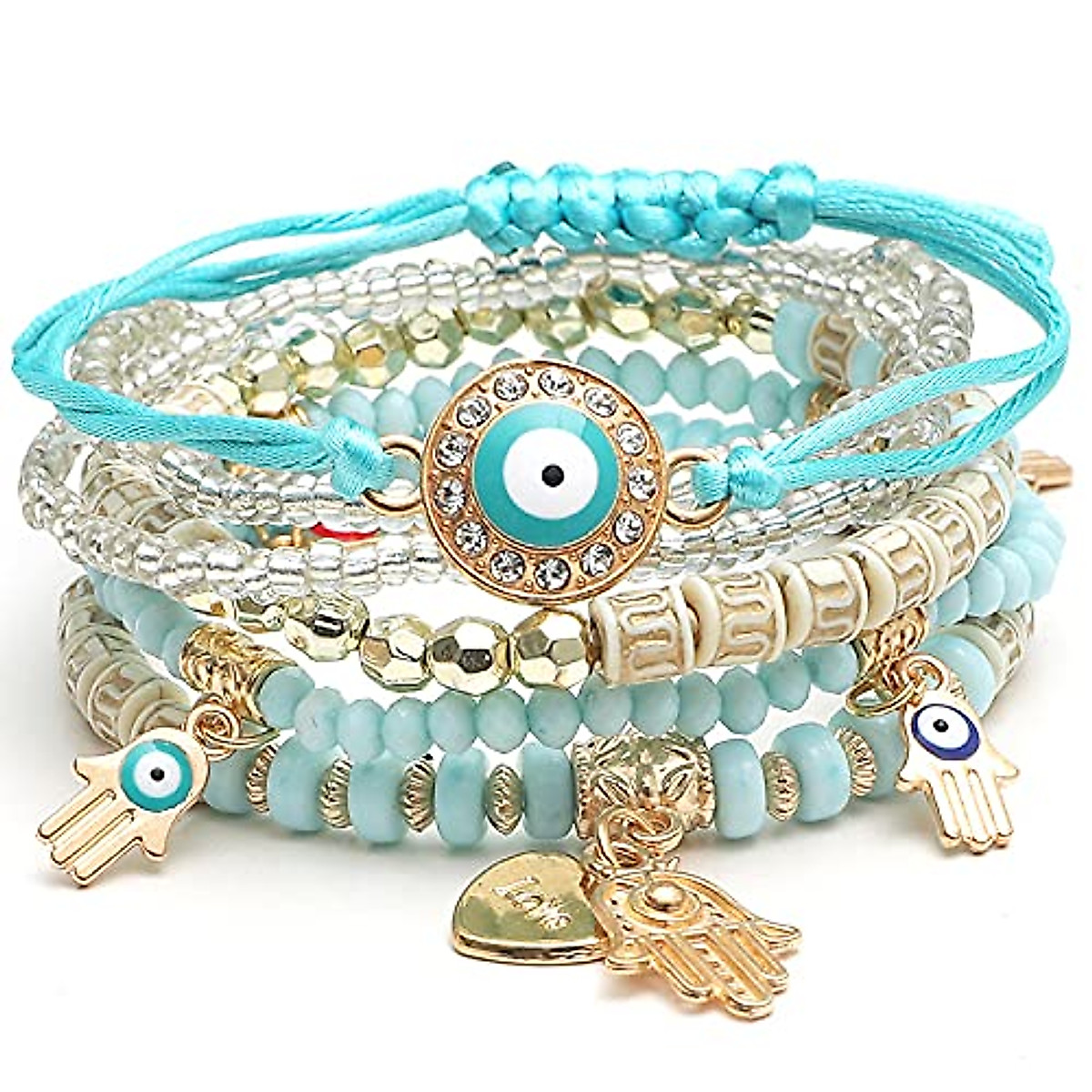 Pingyongchang Evil Eye Bracelets Pack Crystal Bohemian Bracelet Set of 4 Beaded Mexican Bracelets Pack Mixed Hamsa Protection Stretch Bracelets Jewelry for Women Teen Girls -B