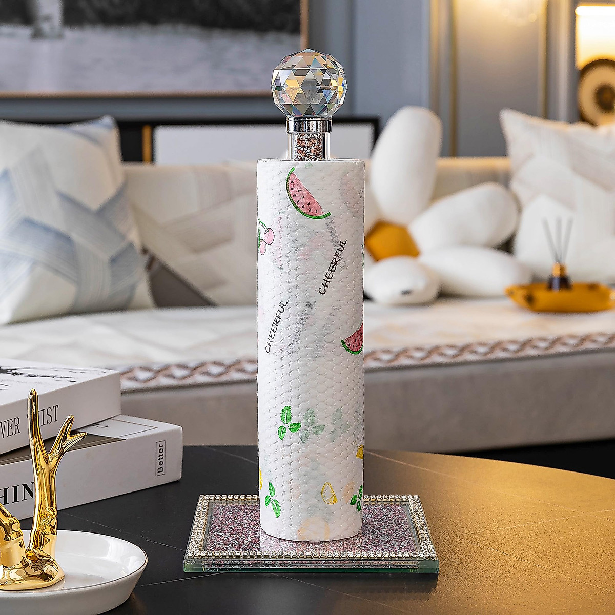 Hochance Pink Crystal Standing Paper Towel Roll Holder Countertop Weighted Rack,Glam Cute Bling Rhinestone Jeweled Diamonds Modern Decoration Christmas Housewarming Gifts for Kitchen Home Bar