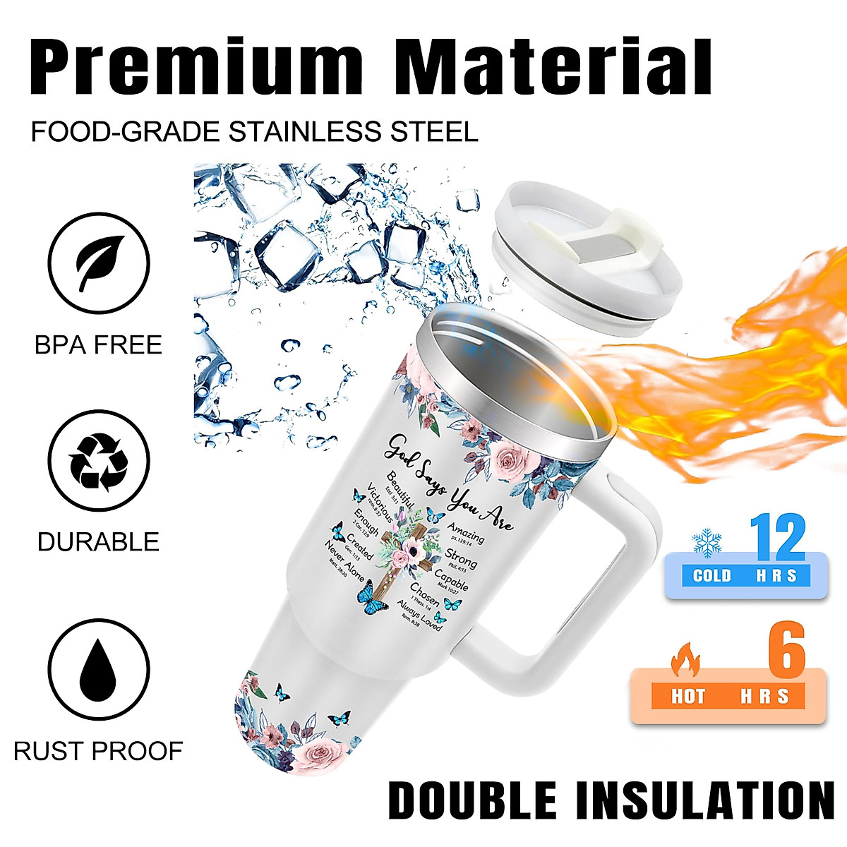 Religious Tumbler with Handle - 40oz Stainless Steel Travel Mug Insulated Coffee Cup, Christian Birthday Gifts for Women - Religious Inspirational Gifts for Women - Gift for Sister Best Friend Woman