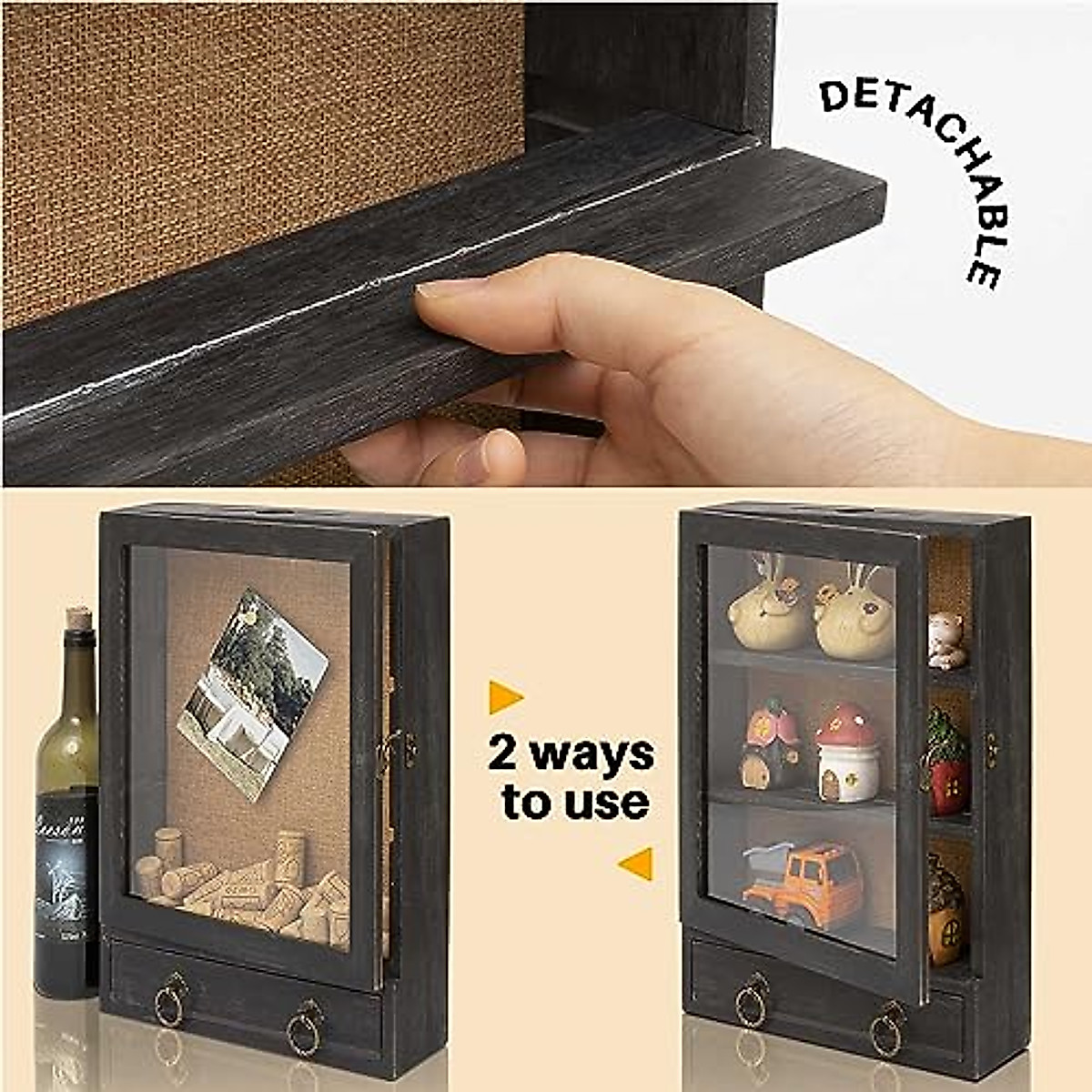 Qiannhee Shadow Box Frame 11x16 Large Shadow Box with Drawers and Removable Shelves, Display Case for Dried Flower Picture Frames Wood Memory Box, Deep Shadow Box for Pins (Carbonized Black)