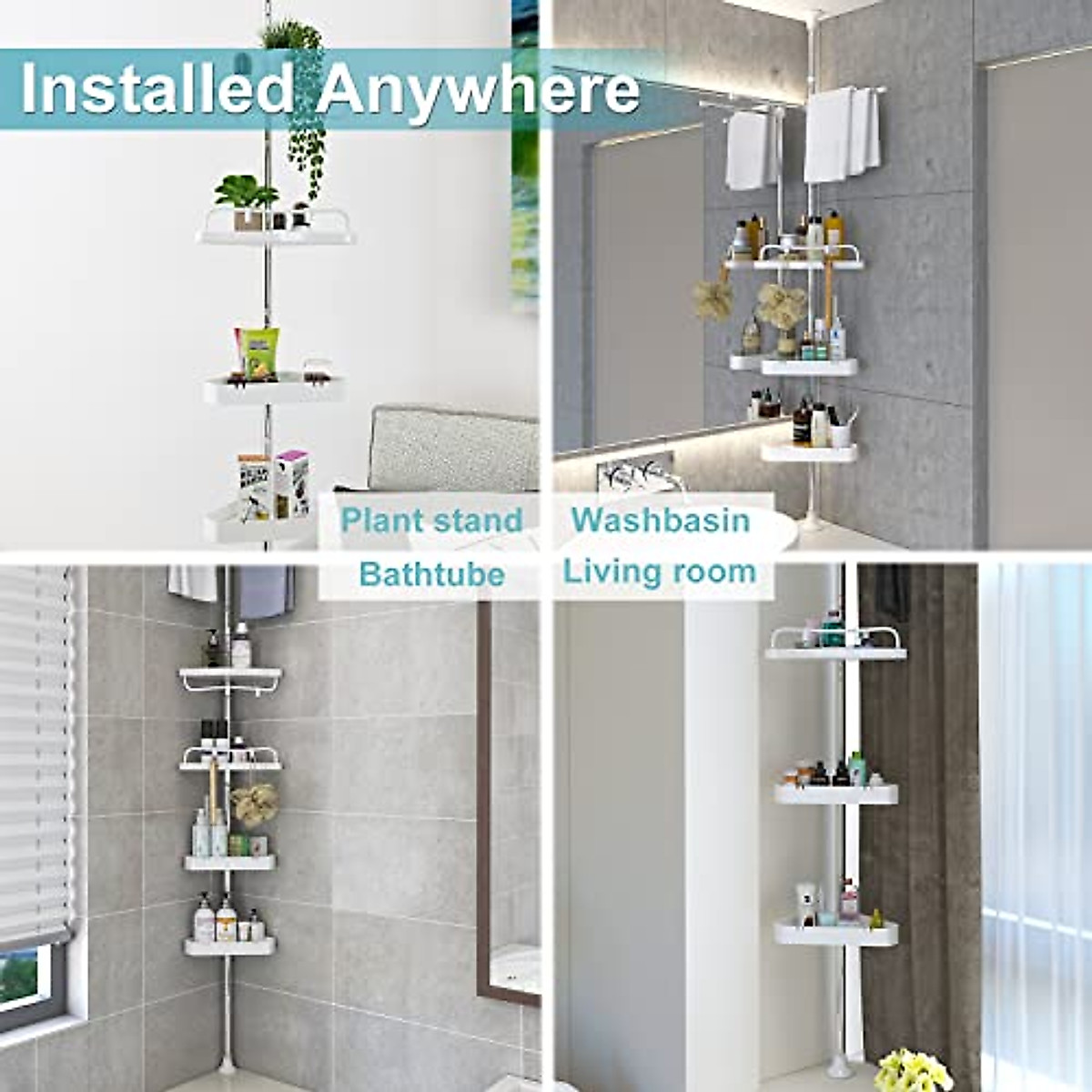 DAKEPOLE Rustproof Tension Shower Caddy, Stainless Steel Corner Stand Storage Organizer with Tension Pole for Bathroom Bathtub Shampoo Soap Plants, 4-Tier Adjustable Shelves,54 to 125 Inch
