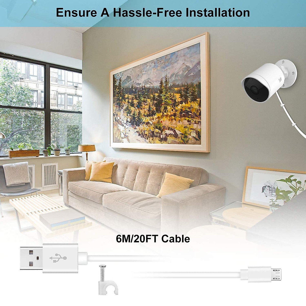 Onite 2-Pack Extended Reach Charging Cables (20FT) for Wyze Cam, Blink Mini, KasaCam, SimpliSafe, Eufy, YI - Security Camera Power Cord (Not for Wyze Pan v3)