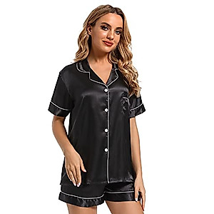 Finvizo Womens Silk Satin Pajamas Set: Soft Short Sleeve Two-piece Pjs Silky Button-down Sleepwear Loungewear Shorts Set,Black XL