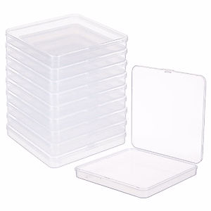 BENECREAT 10 Packs Square Plastic Storage Boxes, 4.3x4.3x0.6inch Clear Bead Storage Containers Box with Hinged Lid for Beads Cards and Other Craft Accessories